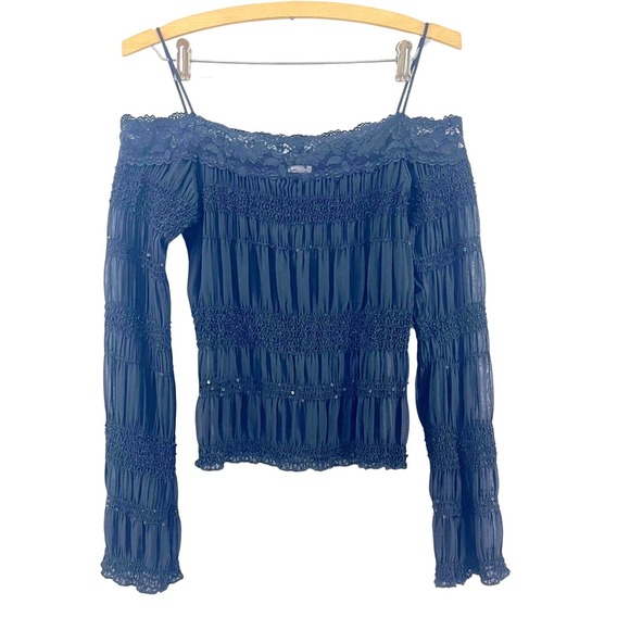 Agaci too | Tops | Y2k Off Shoulder Lace Top Black Smocked Sequin ...